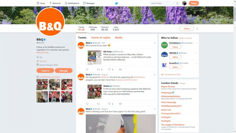 B&Q Twitter Account Screenshot
